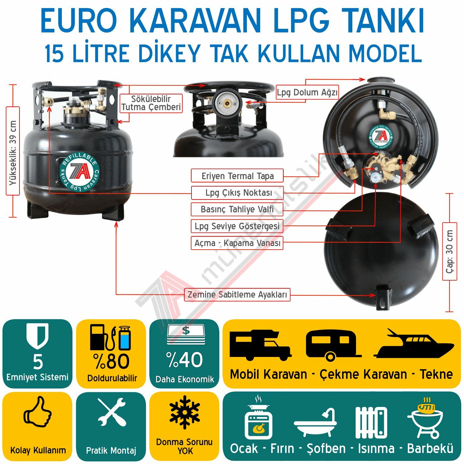 Euro Karavan Lpg Tankı 15 Litre Dikey Tak Kullan